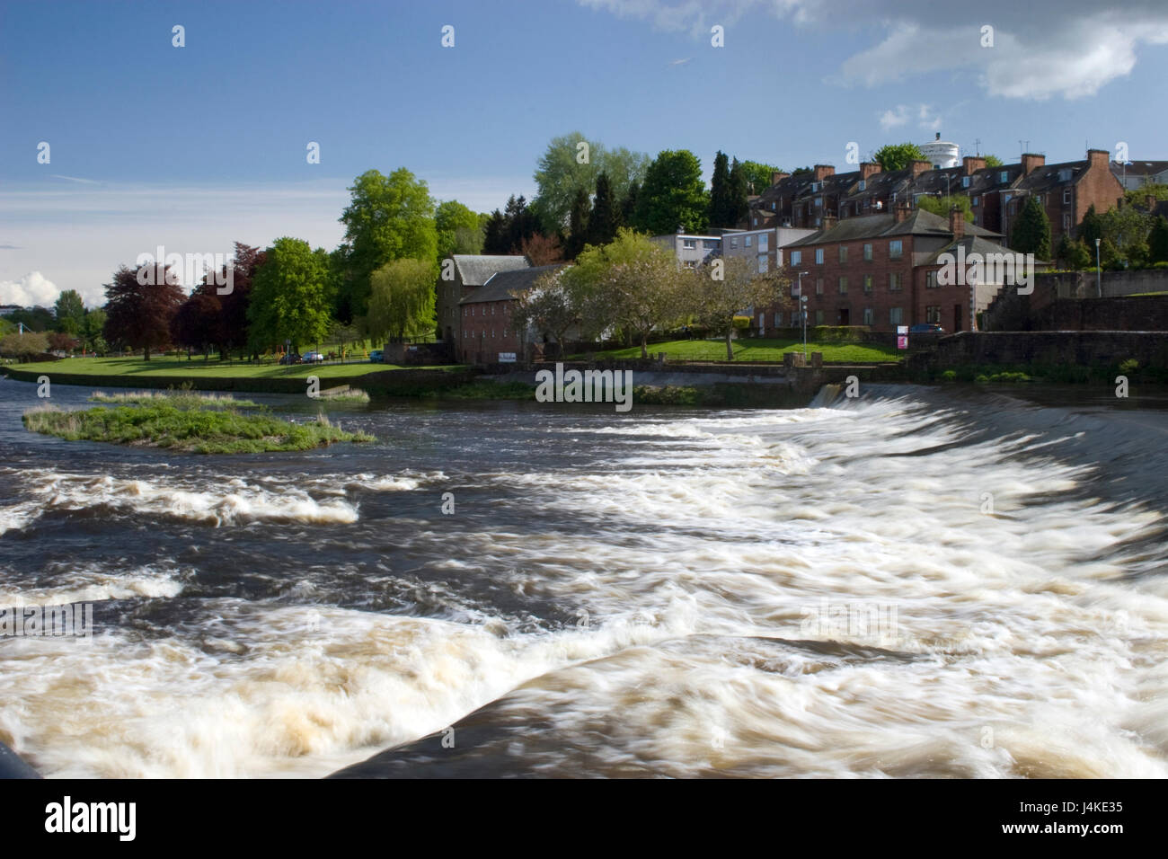 River Nith and weir looking towards Robert Burns Museum, Dumfries town ...