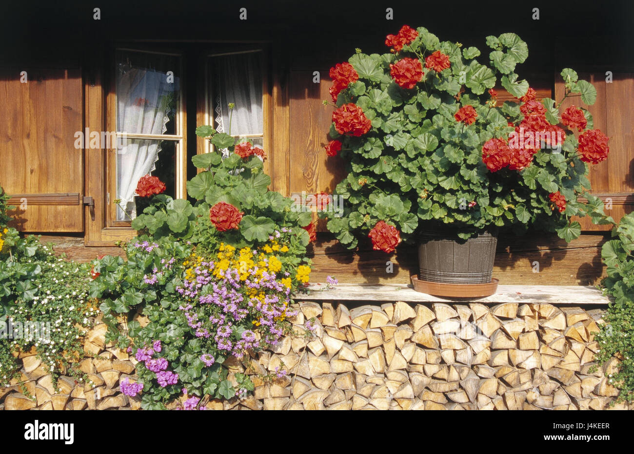 Farmhouse, facade, wooden batch, detail, floral decoration house ...