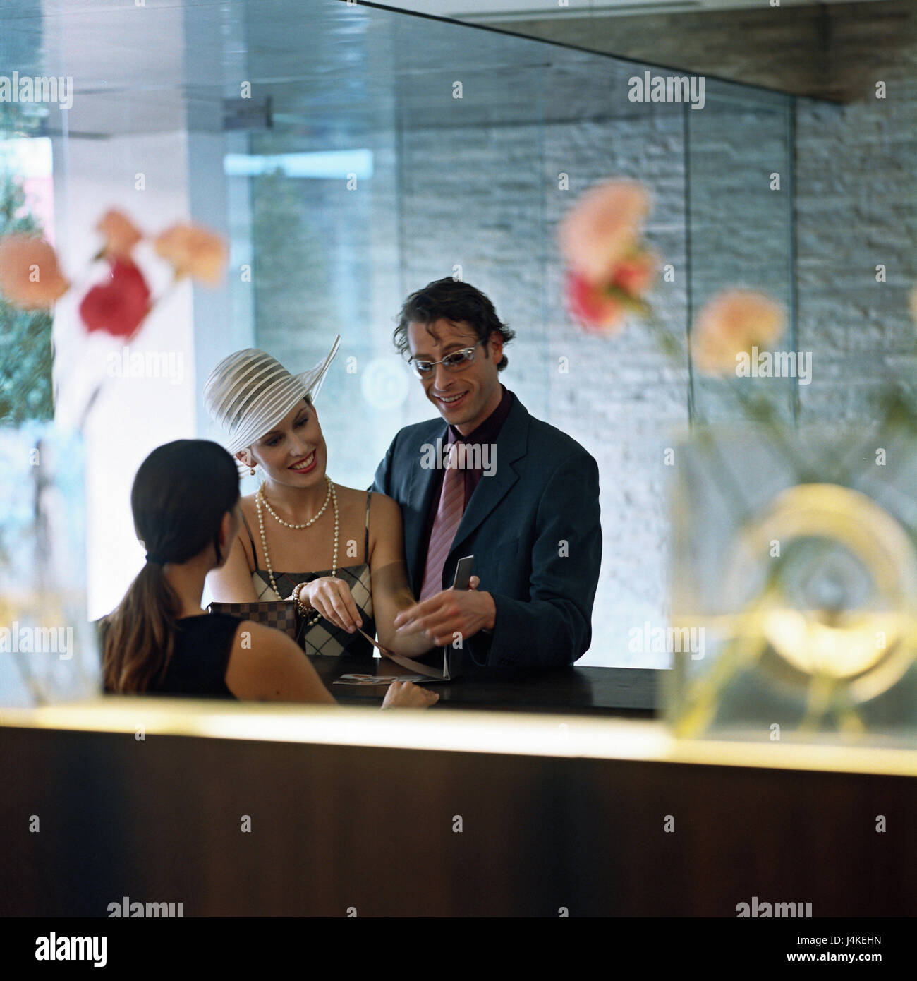 Hotel, reception desk, couple, elegantly, check in, smile hotel ...
