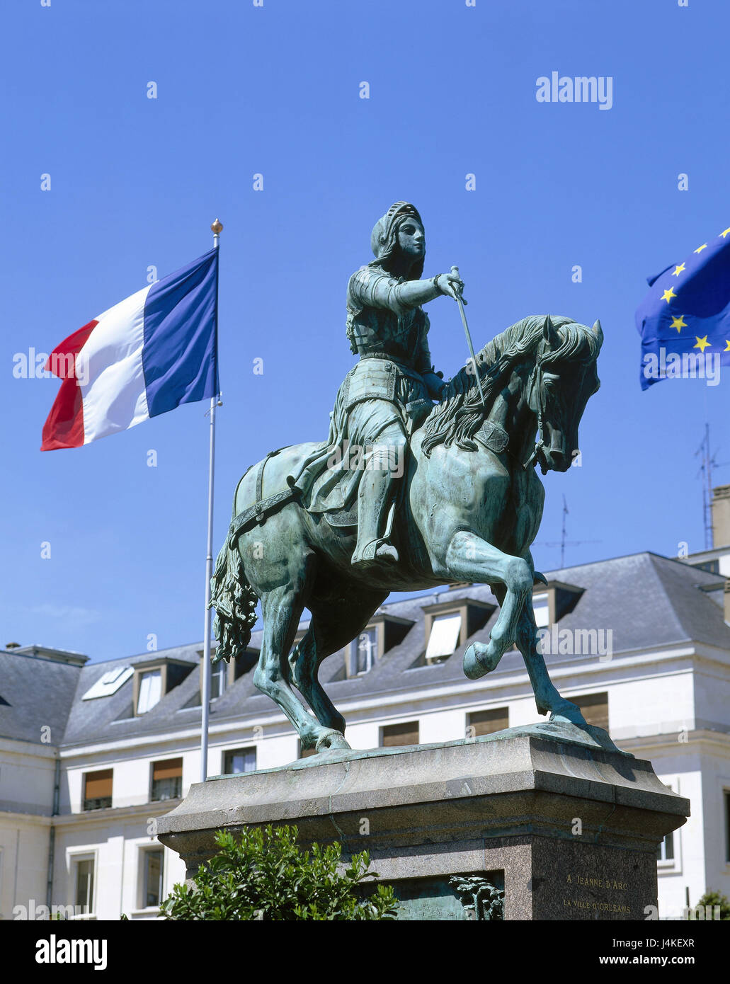 France, Loire valley, Orleans, Place you Martroi, equestrian statue Jeanne d'Arc, flag Europe ...