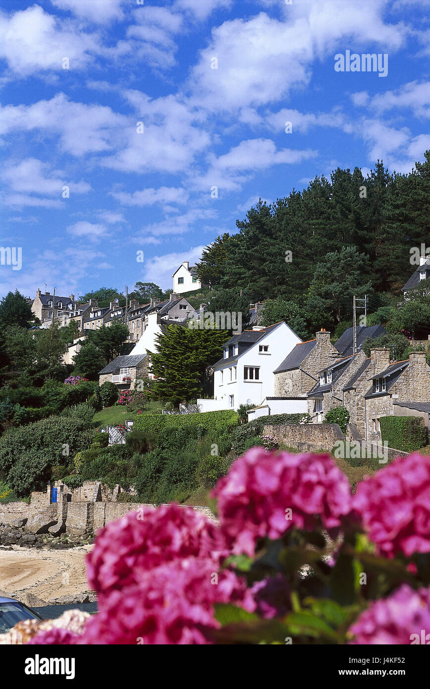 France, Brittany, Le Yaudet, local view Europe, village, hill, houses ...