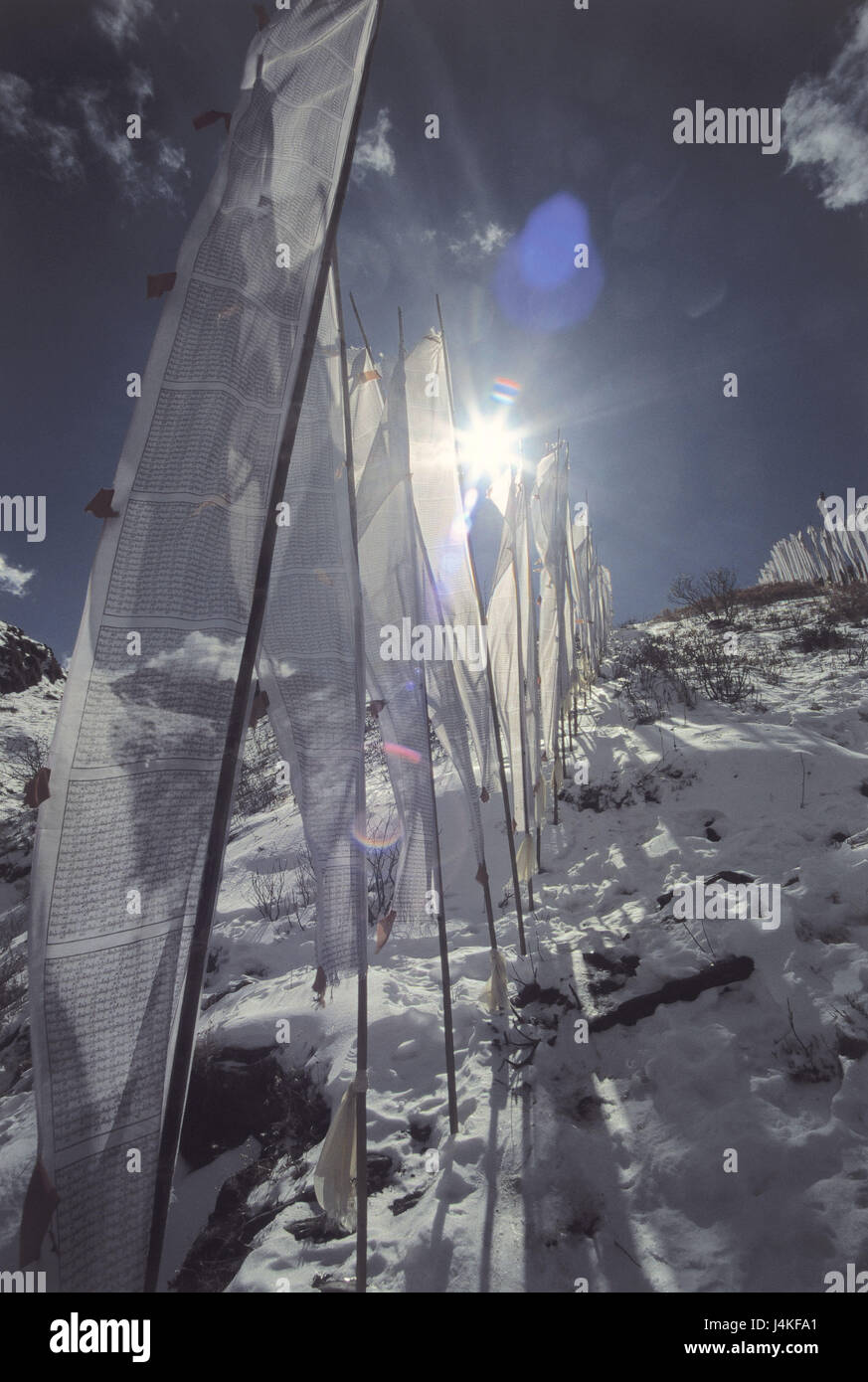 India, Sikkim, Tsongo brine, mountain, prayer flags, winter, back light ...