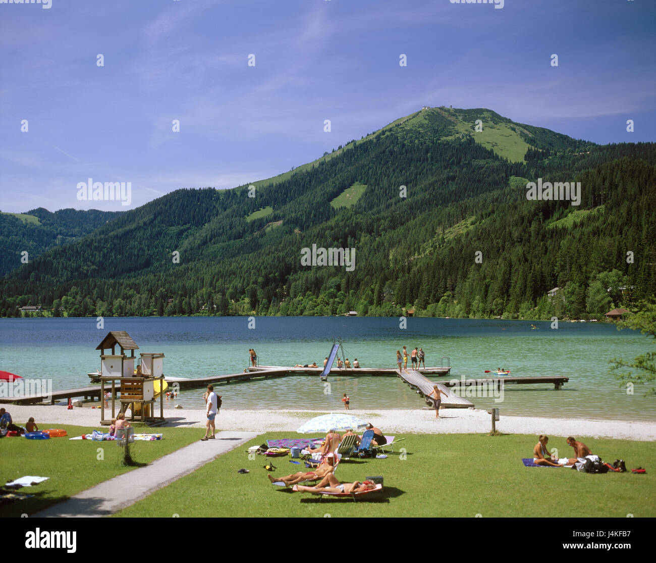 Austria, Lower Austria, Erlaufsee, sunbathing area, bathers, background ...