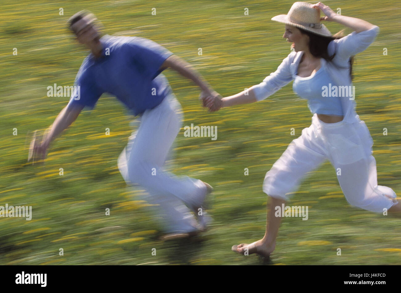 Couple, melted, hand run in hand, meadow, blur summers, vacation ...