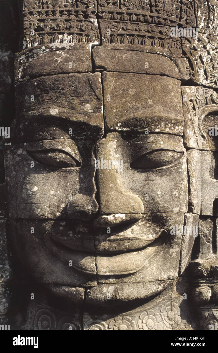 Cambodia, Angkor Thom, Bayon temple, detail, stone head South-East Asia ...