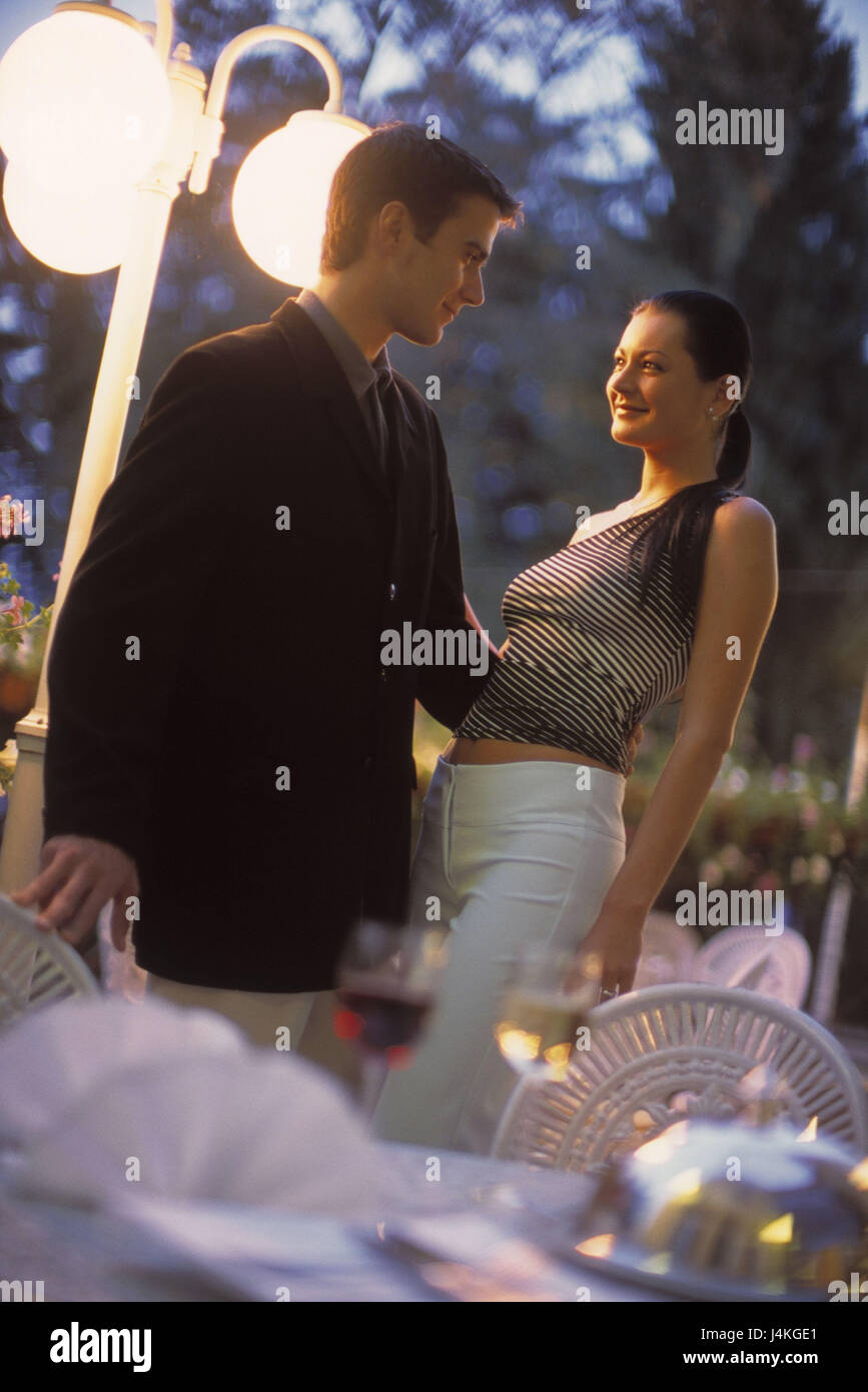 Terrace, couple, falls in love, eye contact, touch, happily hotel ...