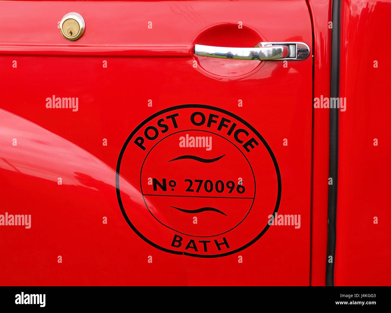 Detail of red Post Office Morris Minor van including door handle at ...