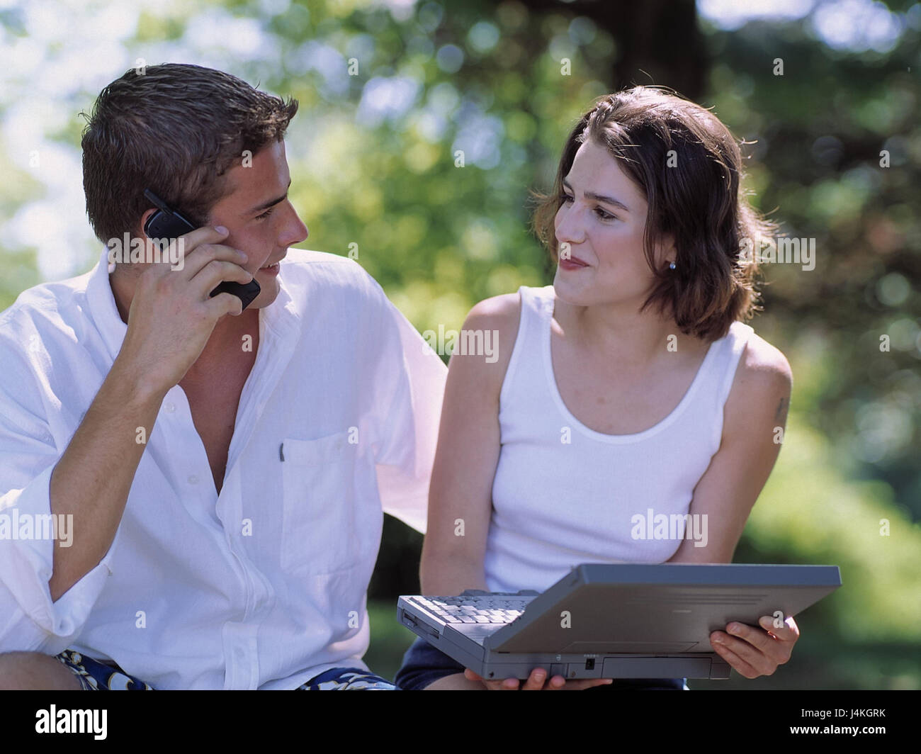 Couple, mobile phone, call up, portrait laugh outside, telephone call ...