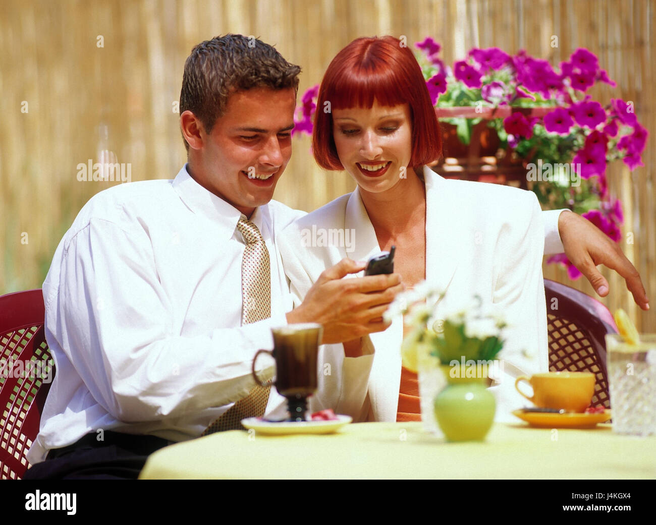 Cafe, couple, mobile phone, call up, portrait laugh inside, telephone ...