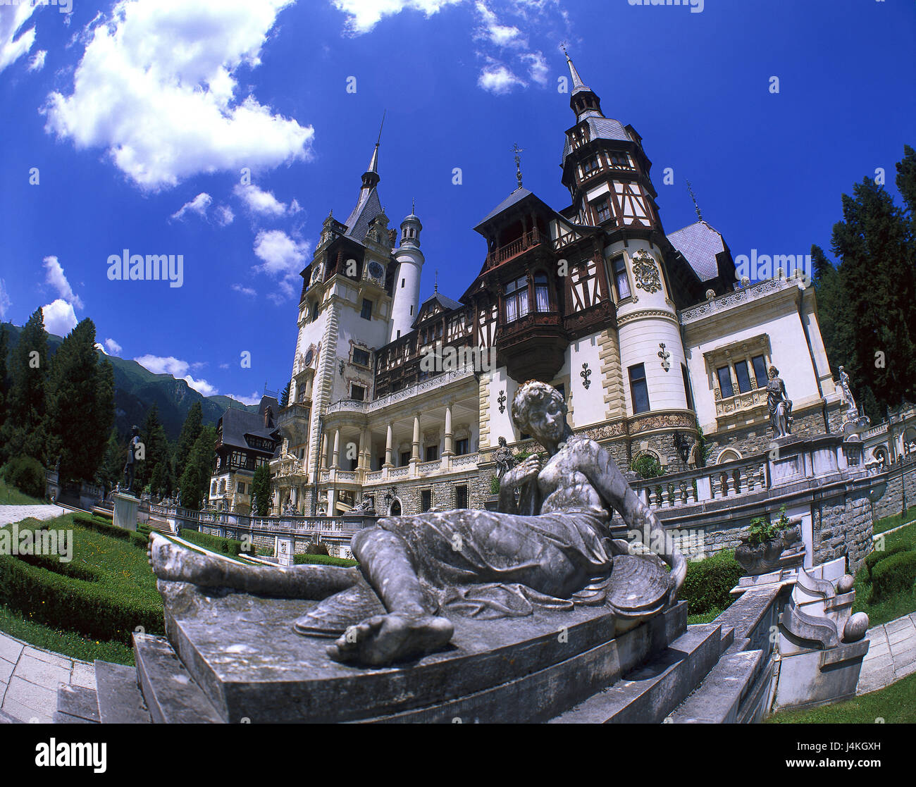 Romania, Sinaia, castle Peles, in 1875-83, park, sculpture Southeast ...