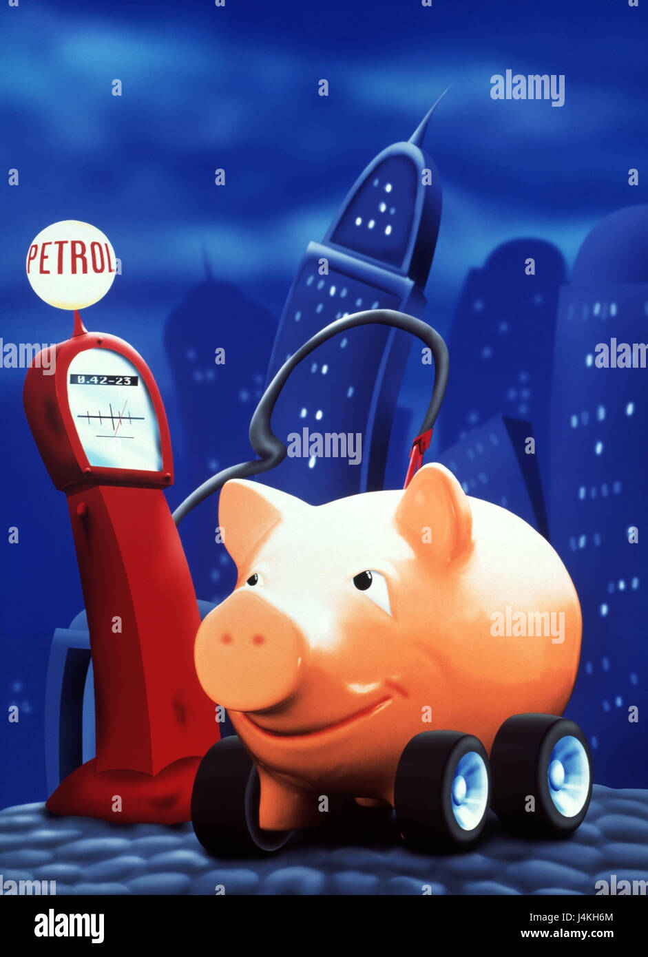 Computer graphics, town, petrol pump, piggy bank, wheels refuel, petrol ...