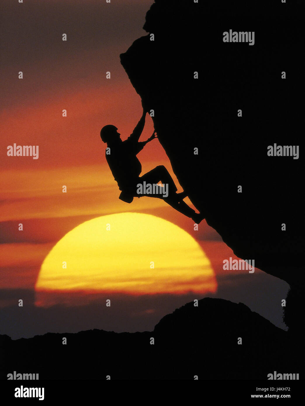 Mountain, cliff face, overhang, silhouette, climber, sundown [M ...
