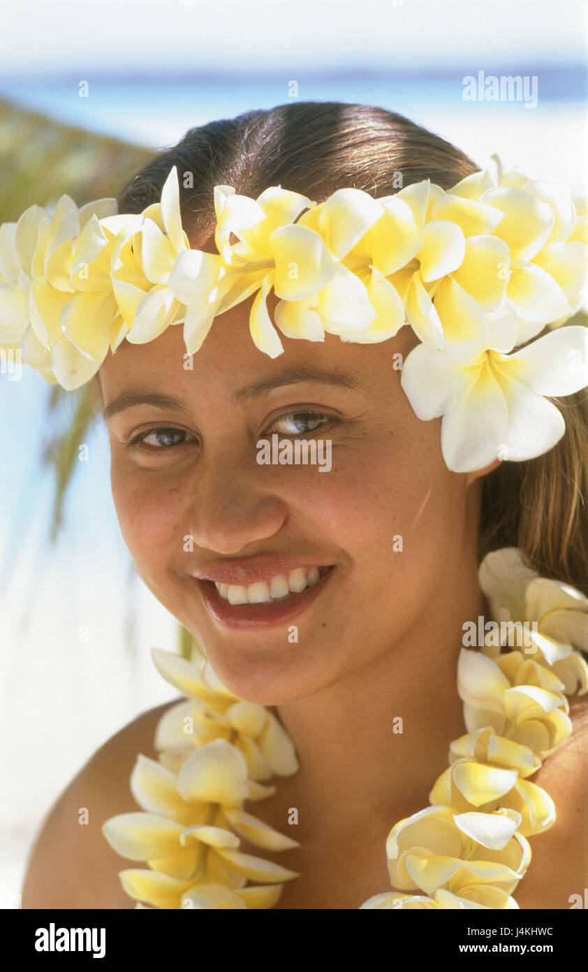 New Zealand, Cook Islands, Aitutaki, girls, flower garland, smile ...