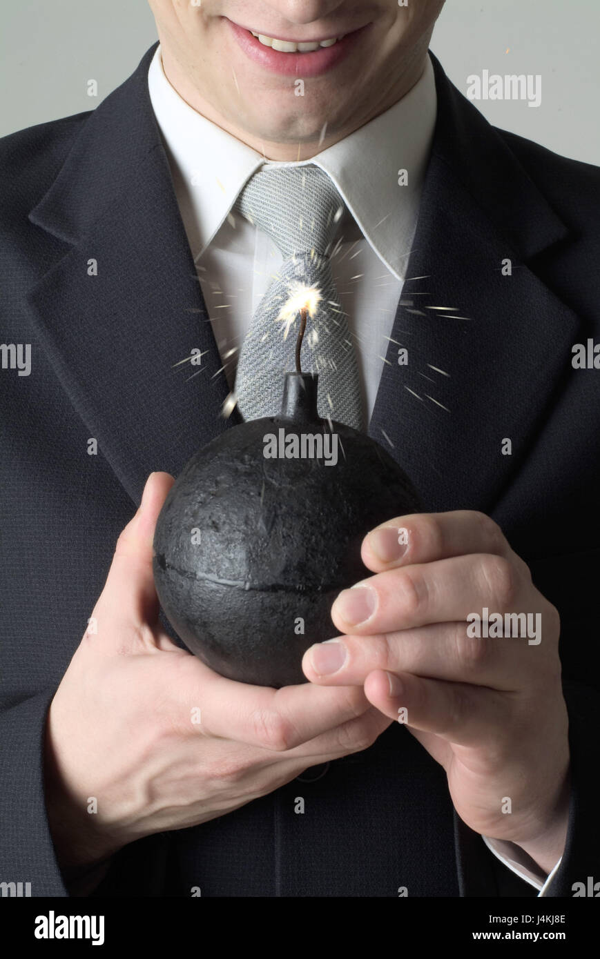 Businessman, bomb, hold, smile, icon, 'roaring business', portrait ...
