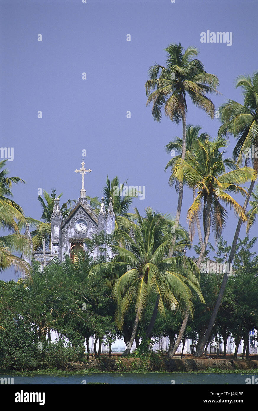 India, Kerala, Backwaters, shore, church, palms Asia, South Asia, Hindi ...