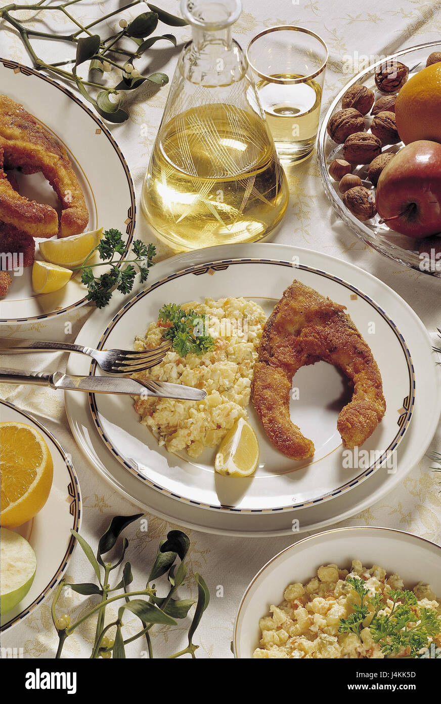 Dish, böhmisch, carps, breaded, potato salad, wine still life, cuisine ...