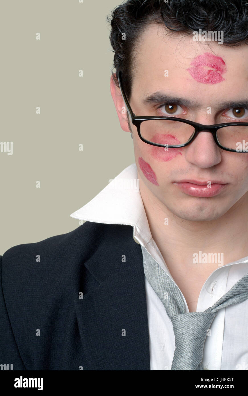 Man, young, glasses, look, lipstick, kisses, facial play, dismay ...