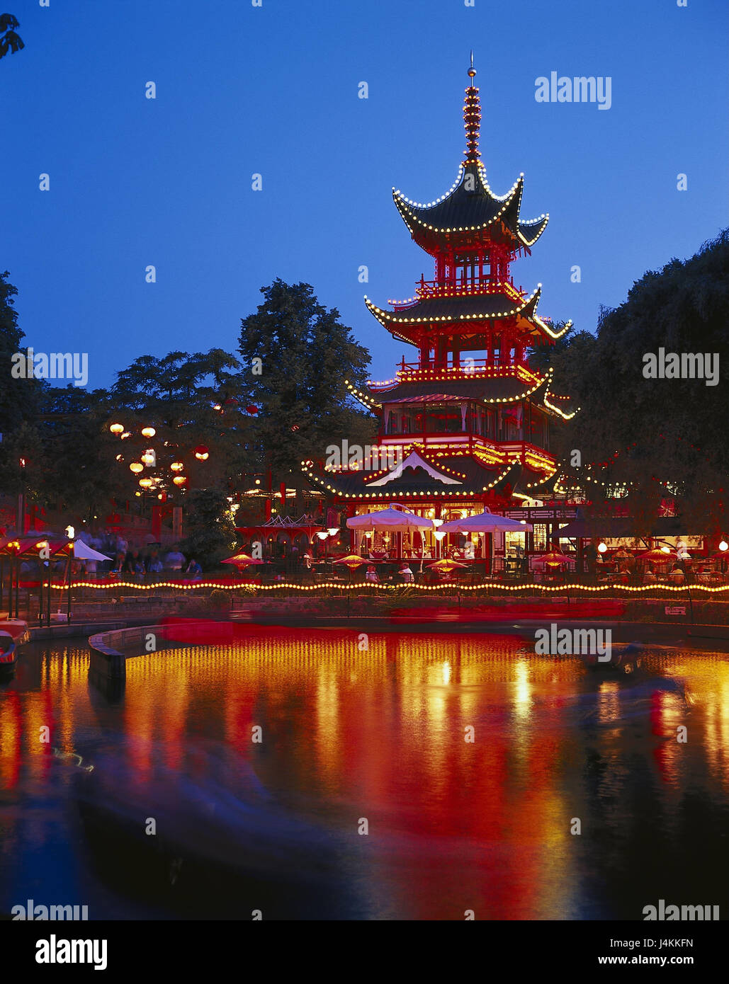 Denmark, Copenhagen, Tivoli, fun fair, Chinese tower, pond, water ...