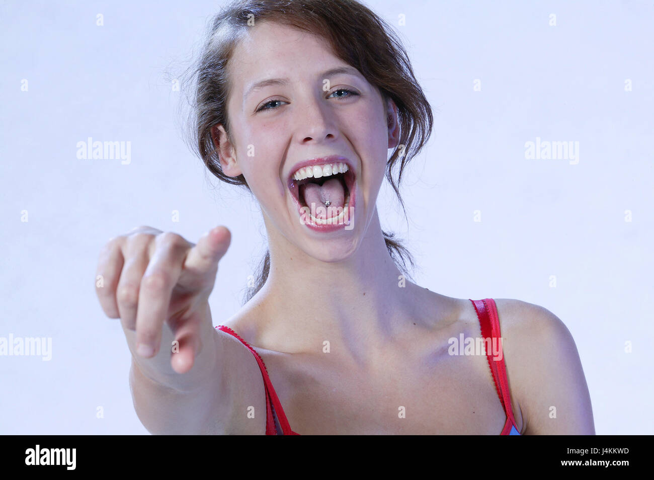 Young persons, happily, laugh, point Zungenpiercing, gesture, portrait ...