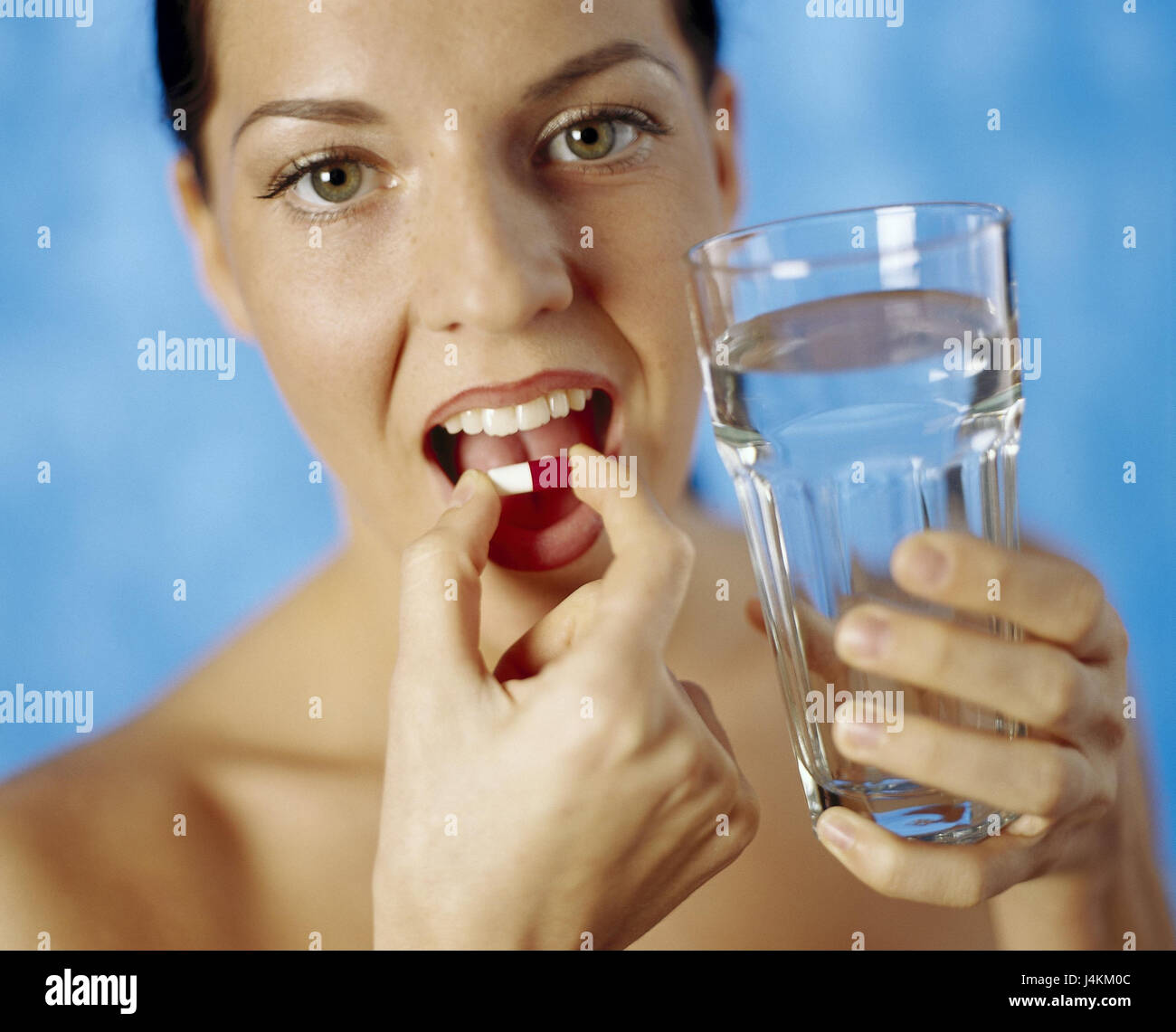 Woman, water glass, drug, capsule, take, portrait drug taking, drug ...