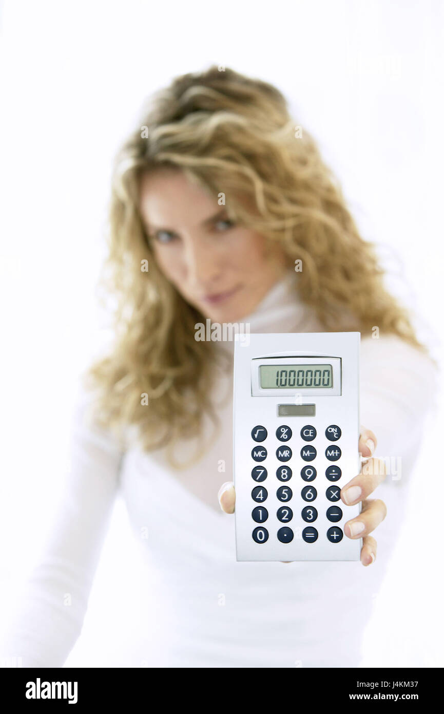 Woman, young, gesture, electronic calculators, point, portrait, blur ...