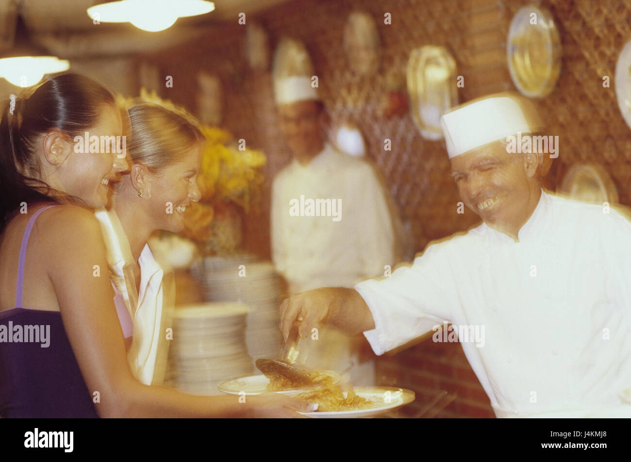 Restaurant, buffet, women, waiters, happily, half portrait, blur inside ...