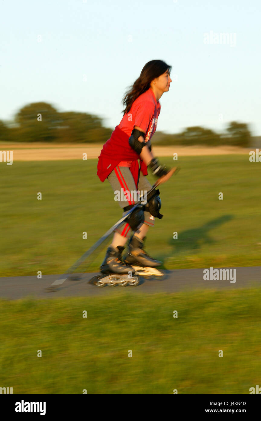 Country road, woman, young, Nordic Blading, at the side, blur ...