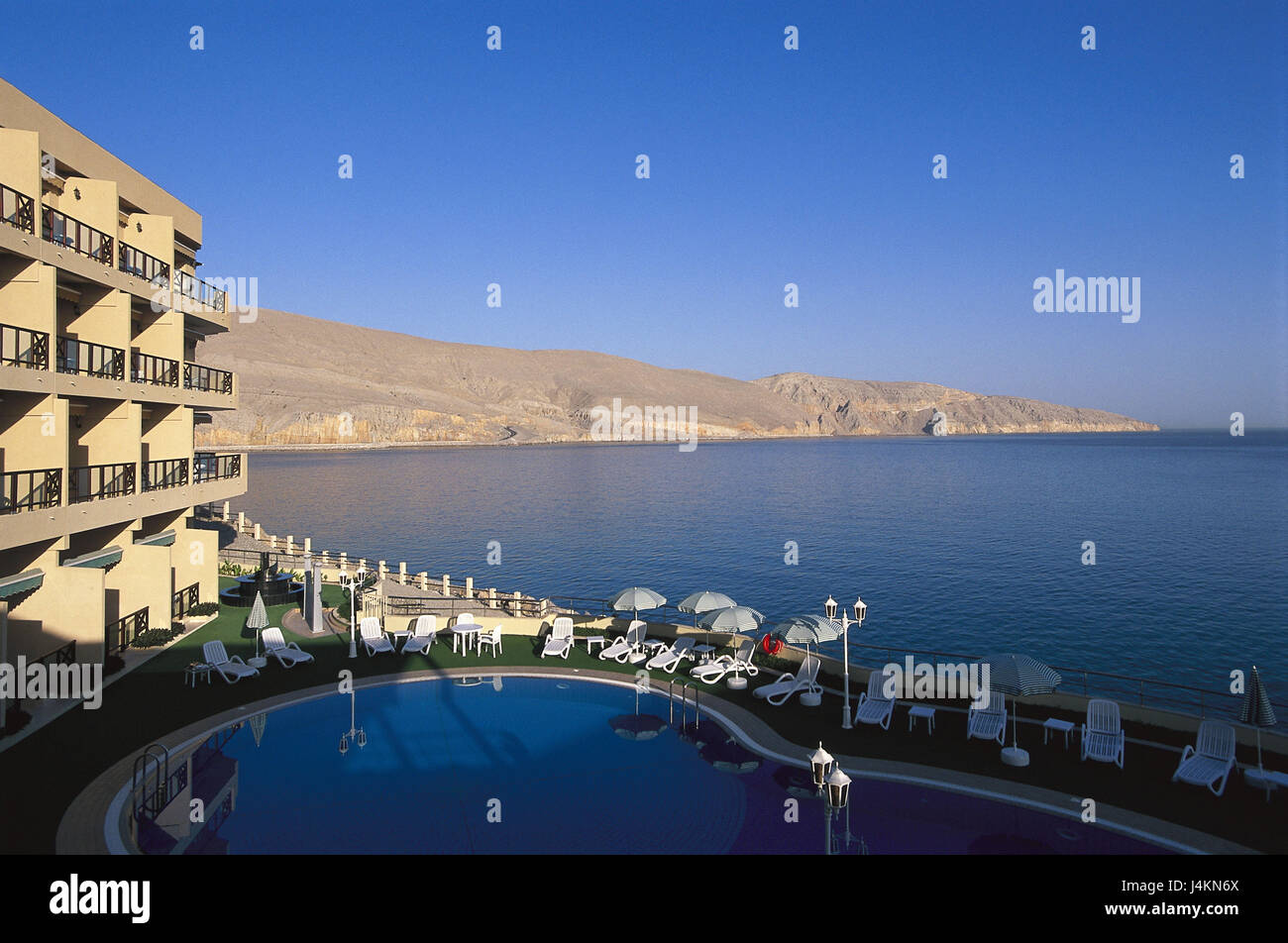 Oman, Musandam peninsula, Khasab, coast, sea, Golden Tulip hotel front ...