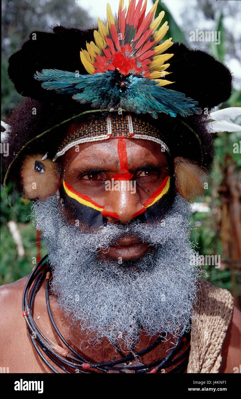 Papua New Guinea, man, Huli strain, feather jewellery, facial painting ...
