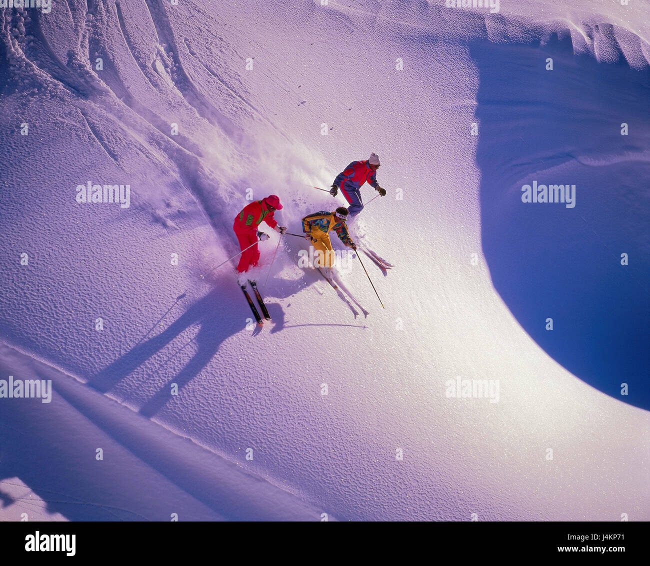 Skier, three, departure, deep snow mountainside, snow inclination, snow ...