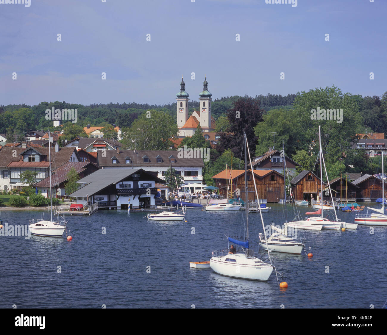 Germany, Bavaria, Tutzing, town view, church, Starnberger lake, boats ...