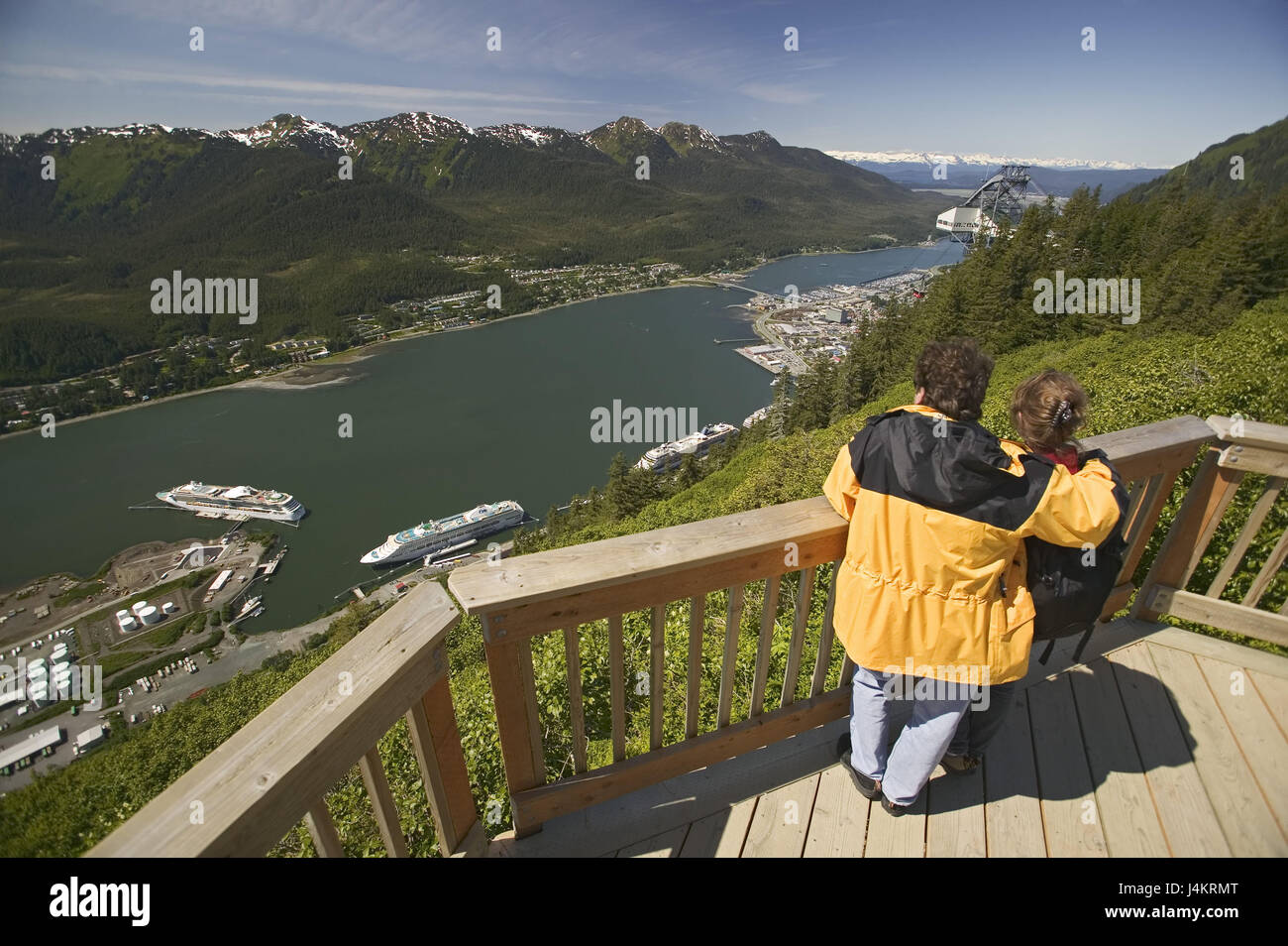 The USA, Alaska, Inside passage, couple, lookout, town overview, Juneau ...