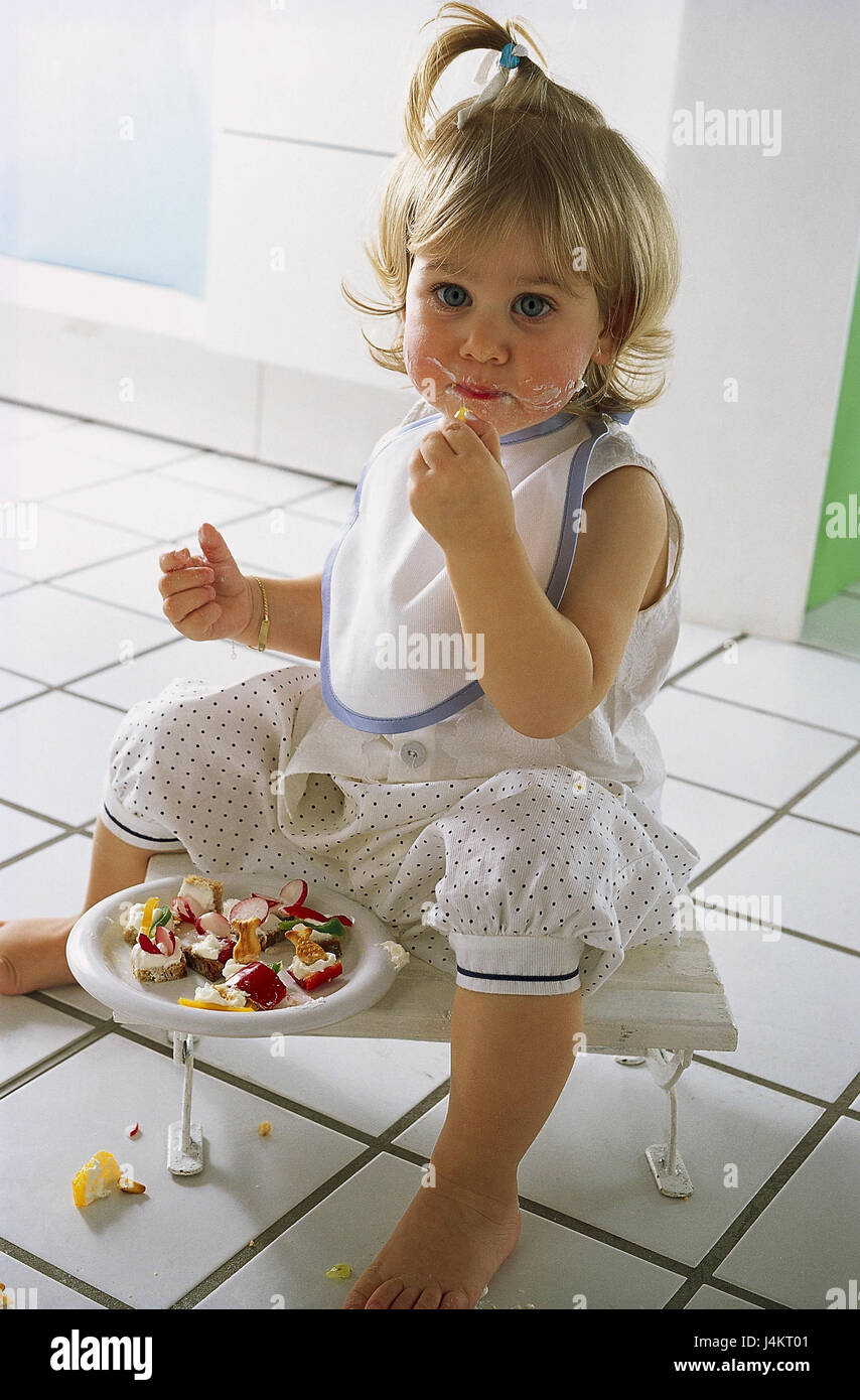 Infant, girl, eat, stool, sit inside, at home, childhood, child, bread ...