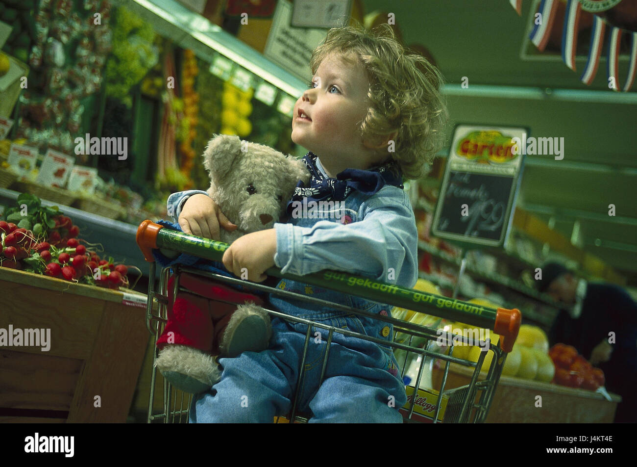 Supermarket, detail, child, Teddy, shopping cart, sit inside, shopping ...