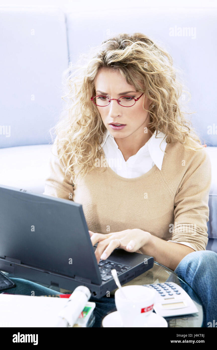 Sitting rooms, woman, young, laptop, electronic calculator, floor sit ...