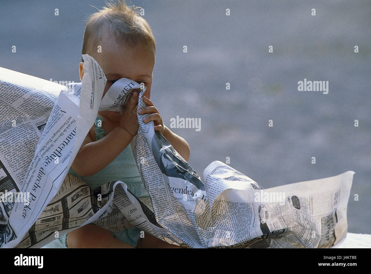 Baby, sit, newspaper, summer, child, childhood crumple up, occupy ...
