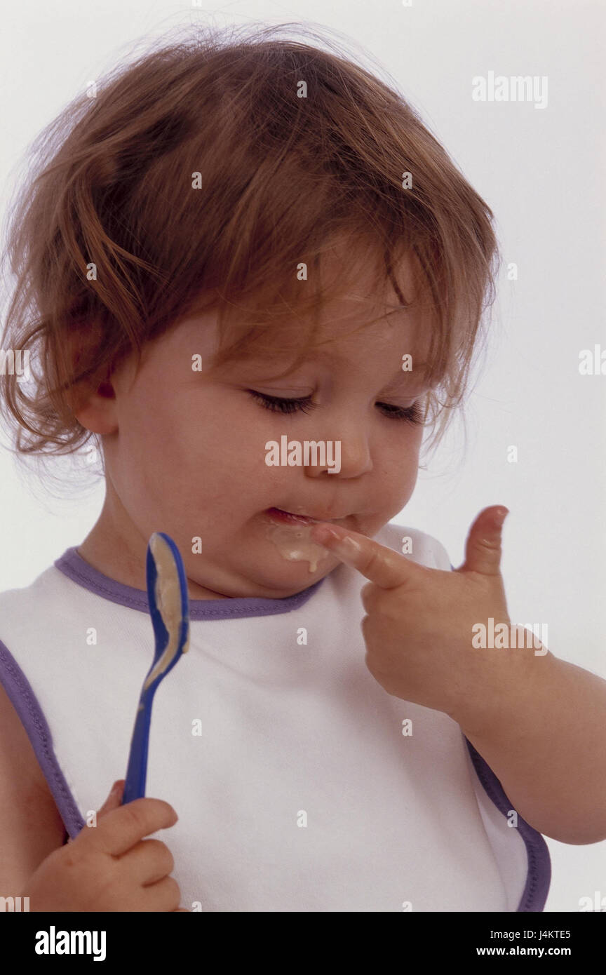 Infant, spoon, porridge, nibble, portrait studio, inside, child, baby ...