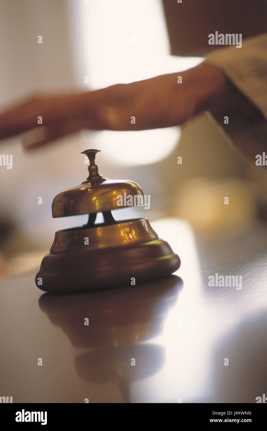 Reception desk, detail, bell, women's hand hotel, hotel reception ...