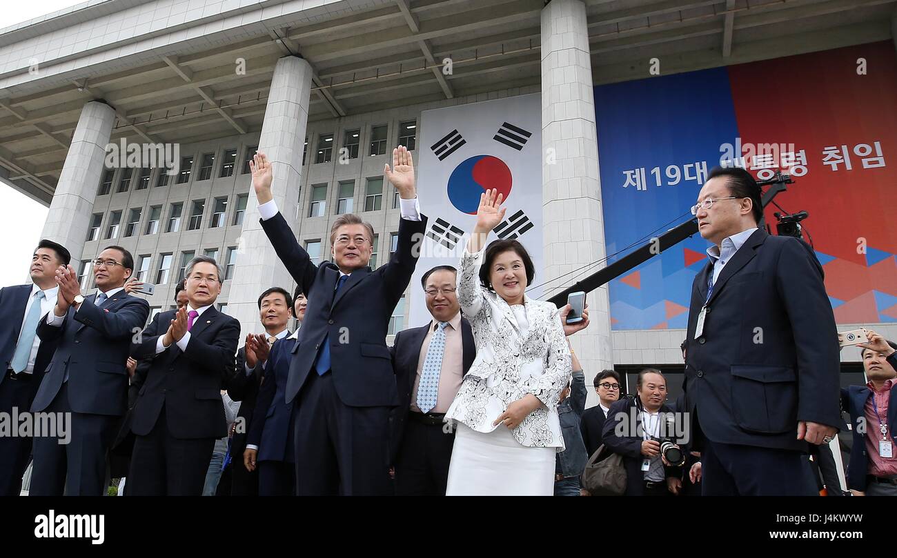 Newly elected South Korean President Moon Jae-In alongside his wife Kim ...