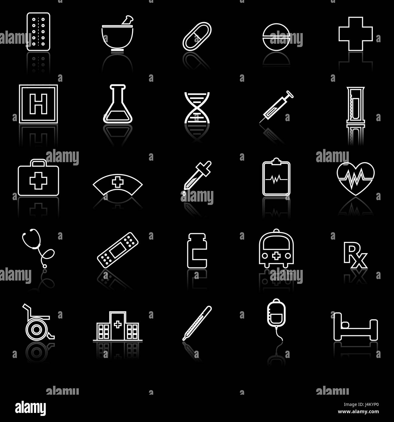Pharmacy line icons with reflect on black background, stock vector ...