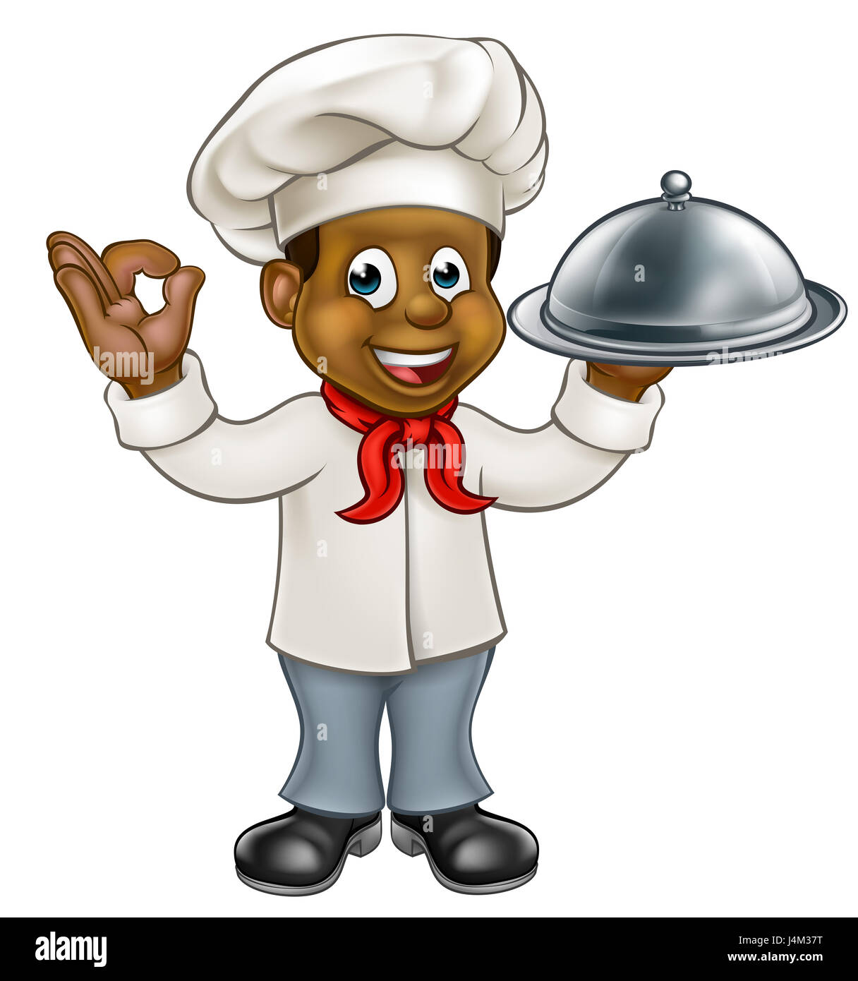 Cartoon black chef or baker character holding a silver cloche food meal ...