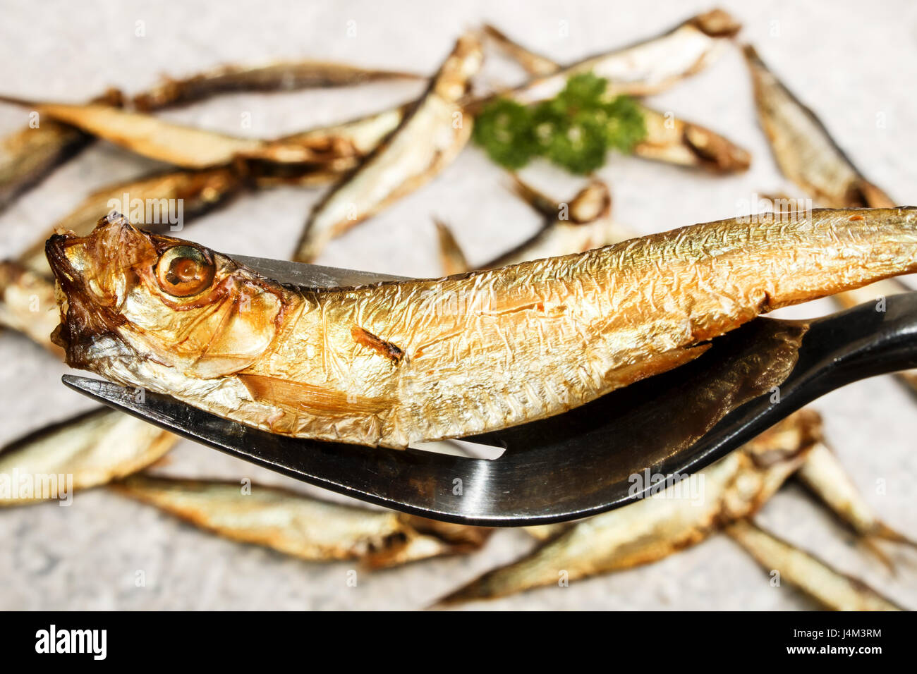 one smoked sprat on a fork Stock Photo - Alamy