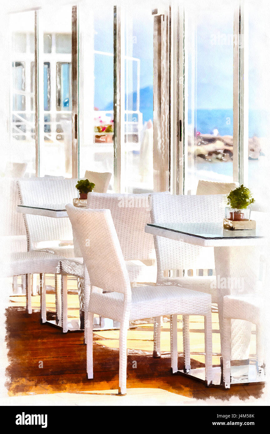 Colorful painting of modern cafe interior at sunny day Stock Photo - Alamy
