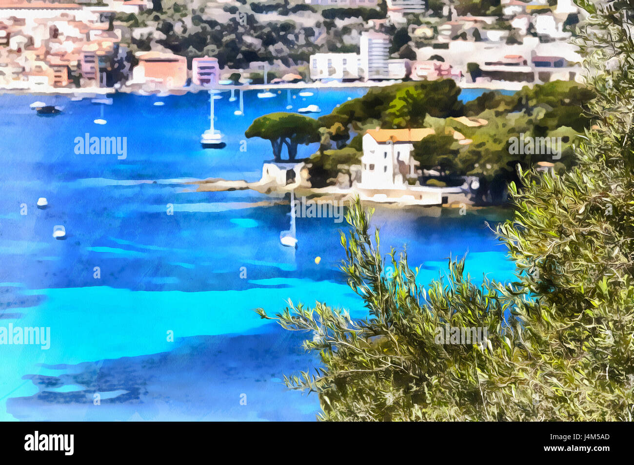 Seascape with small town colorful painting, French Riviera, France ...