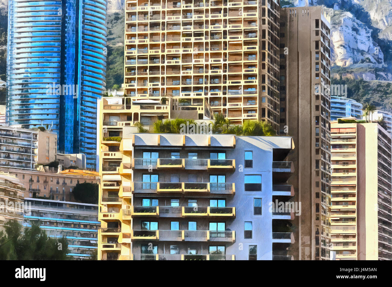Colorful painting of modern buildings of Monte Carlo, Monaco Stock ...