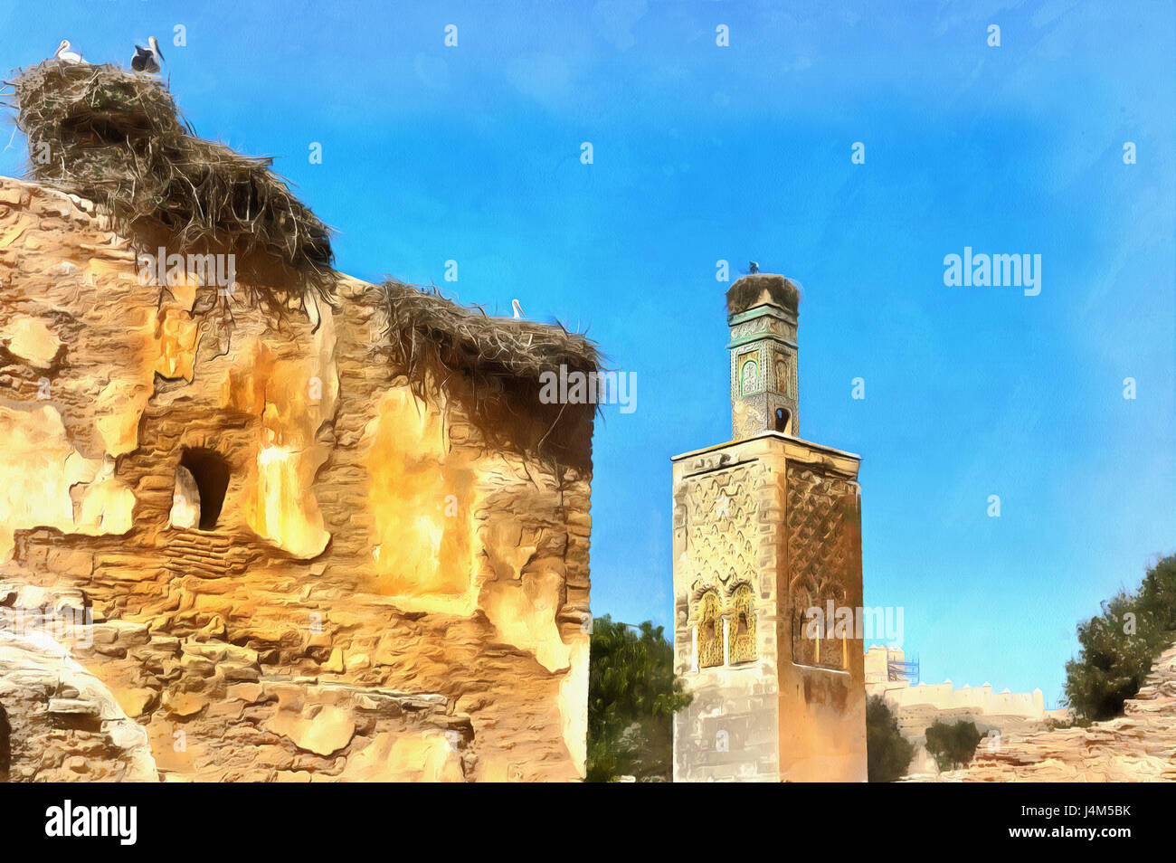 Colorful painting of Chellah, near Rabat, Roman ruins and Marinid ...