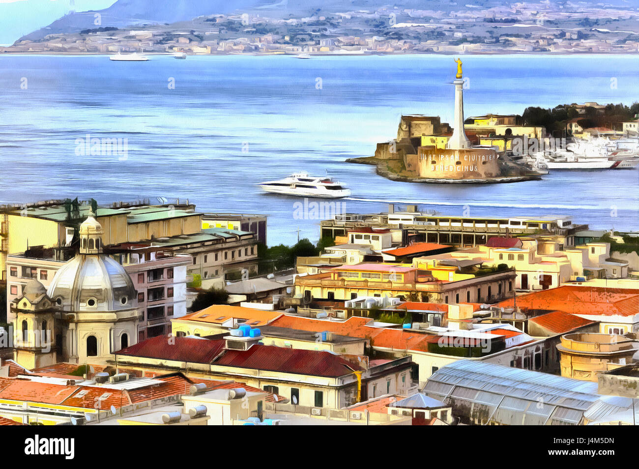 Colorful painting of cityscape and strait of Messina, Messina, Sicily ...