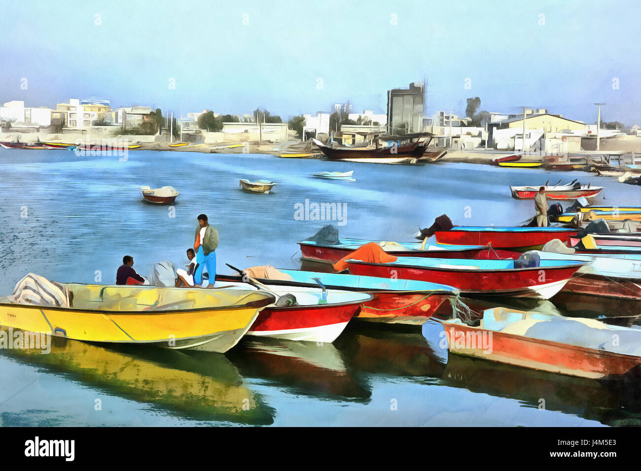 Colorful painting of traditional persian gulf (bandari) ships, Bushehr ...
