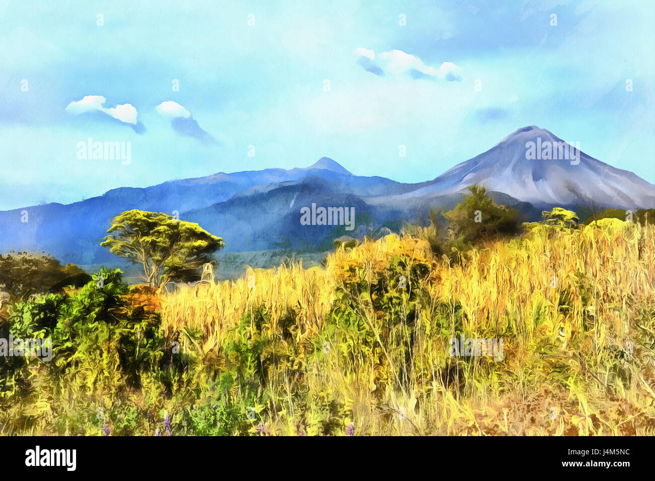 Colorful painting of mountain valley of Colima Volcano, Colima, Mexico ...