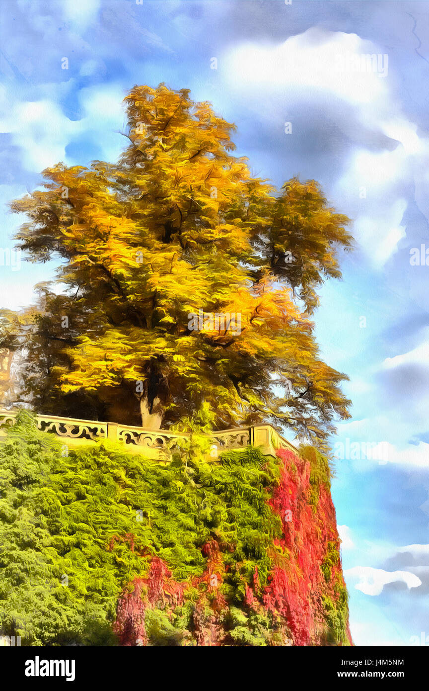 Colorful painting of big autumn tree on the cliff Stock Photo - Alamy